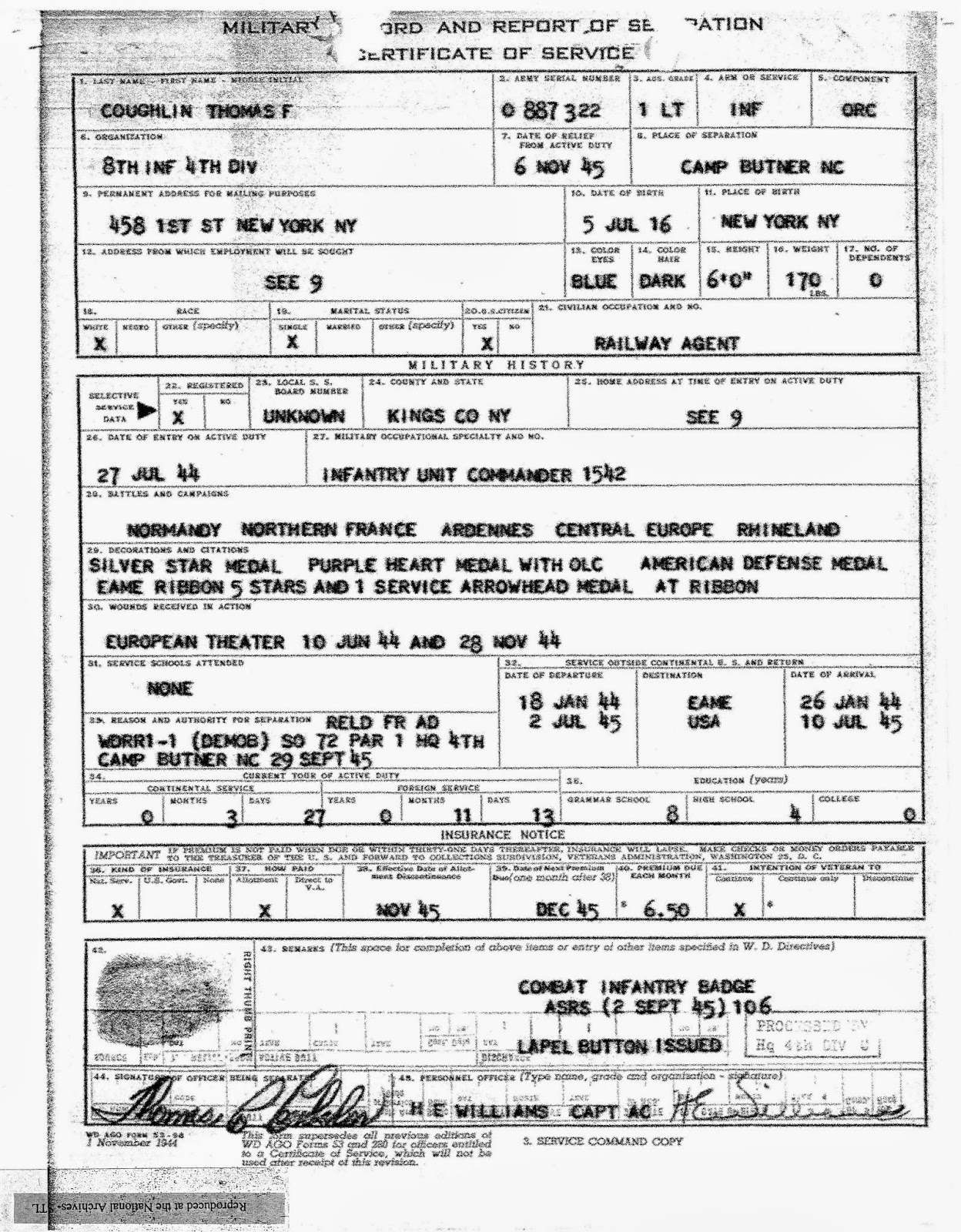 WW2 4th IVY Division 1st Lieutenant. Silver Star and Field Commission ...