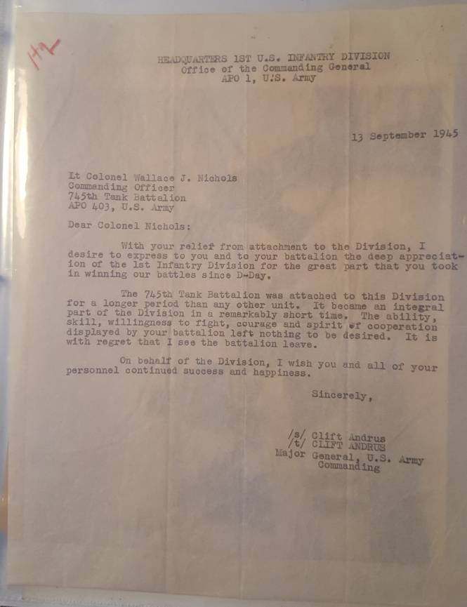 LETTER FROM 1st DIVISION COMMANDING GEN TO 745th TANK BN CO - EPHEMERA ...