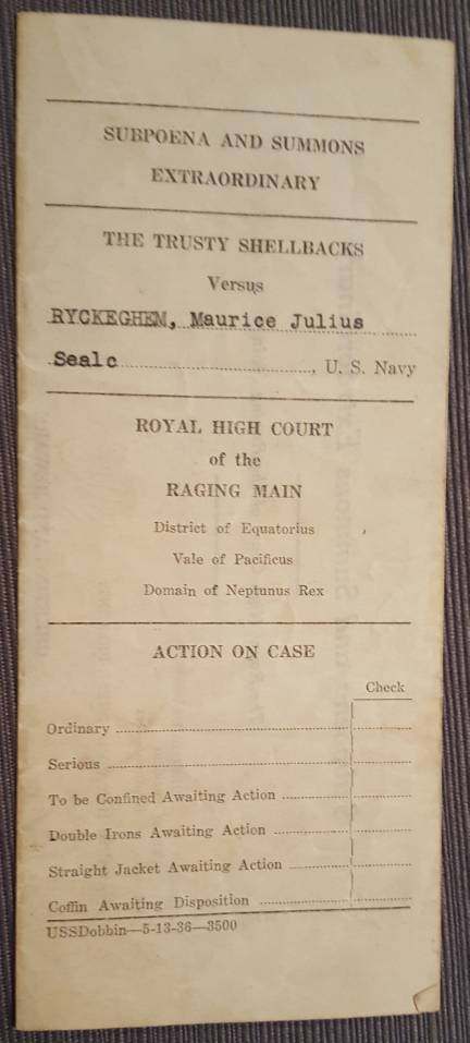 EQUATOR CROSSING SUMMONS USS HATFIELD 1936 - EPHEMERA, PHOTOGRAPHS ...