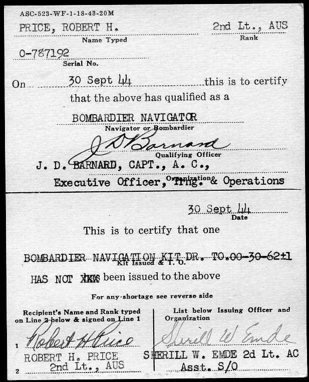 WW2 Bombardier-Navigator card - EPHEMERA, PHOTOGRAPHS & MILITARY ...