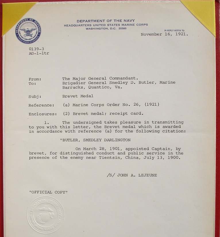 USMC Brevet Medal transmittal letter – Smedley Butler - MEDALS ...