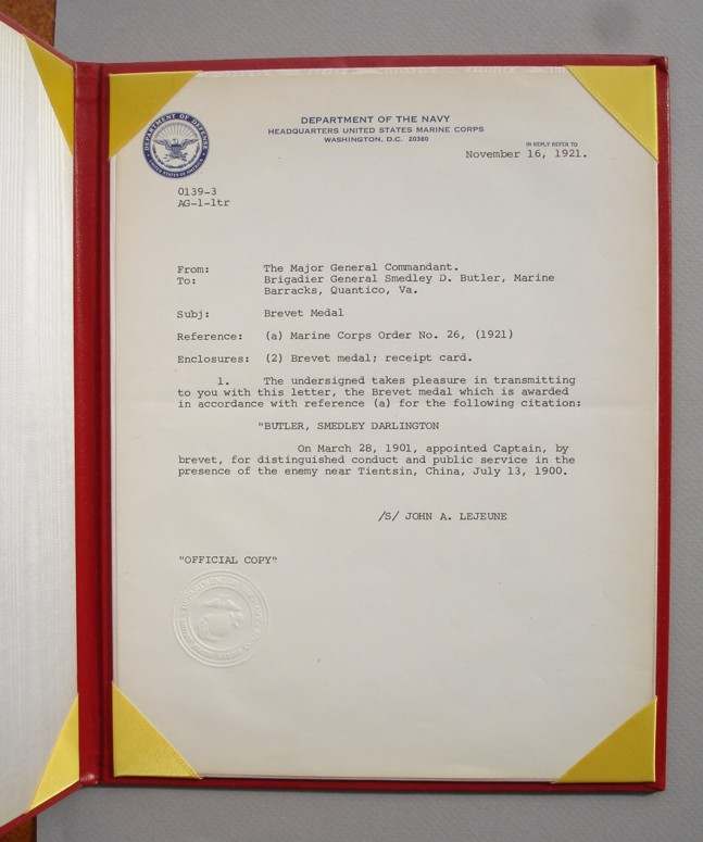 USMC Brevet Medal transmittal letter – Smedley Butler - MEDALS ...