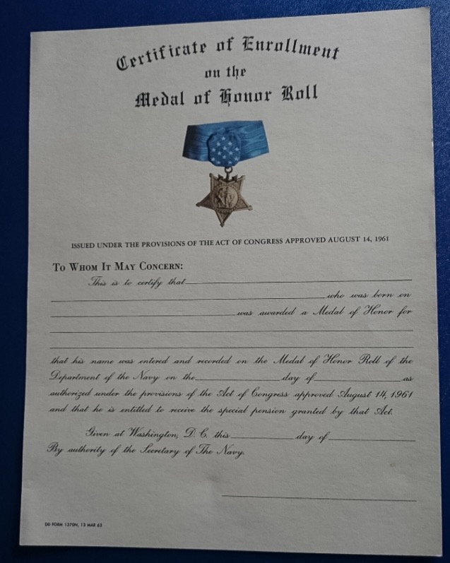 CERTIFICATE of ENROLLMENT on the MoH ROLL - MEDALS & DECORATIONS - U.S ...