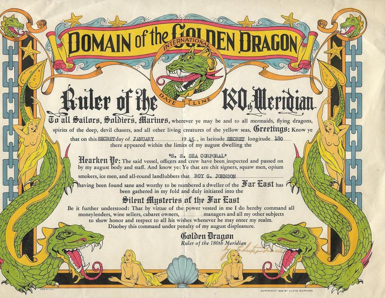 Shellback and Domain of Golden Dragon certificates. - EPHEMERA ...