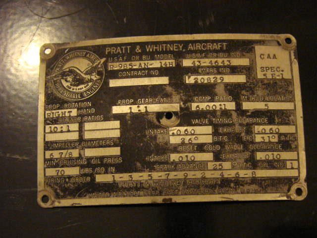 Engine data tag, B-25 H "Catch 22" - MILITARY AIRCRAFT & AVIATION - U.S ...