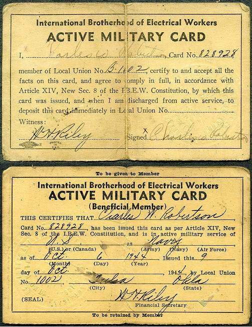 I.B.E.W. Union, Active Military card - EPHEMERA, PHOTOGRAPHS & MILITARY ...