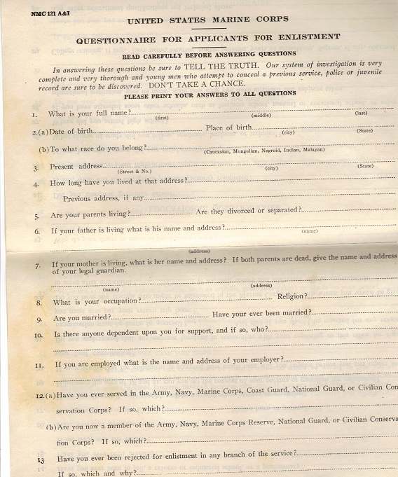 WWII USMC Enlistment Application - EPHEMERA, PHOTOGRAPHS & MILITARY ...