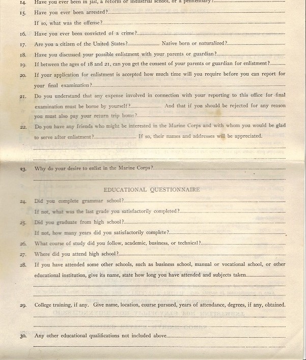 WWII USMC Enlistment Application - EPHEMERA, PHOTOGRAPHS & MILITARY ...