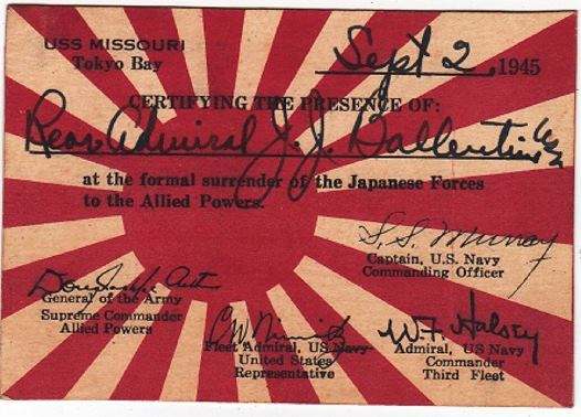 VJ Day Tokyo Bay Surrender Cards + Certficates - EPHEMERA, PHOTOGRAPHS ...