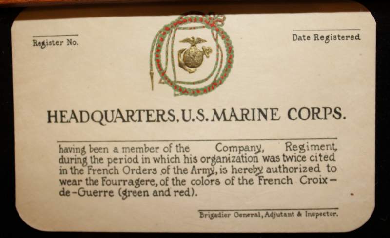 USMC number 1 French Foureragere card - EPHEMERA, PHOTOGRAPHS ...