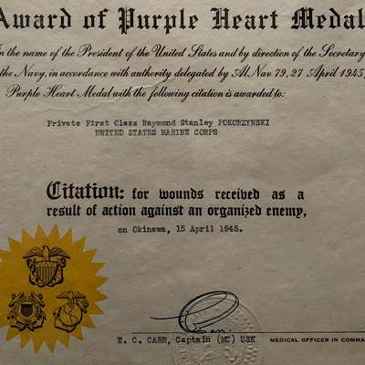 USMC Purple Heart Document Awarded from Naval Hospital - MEDALS ...