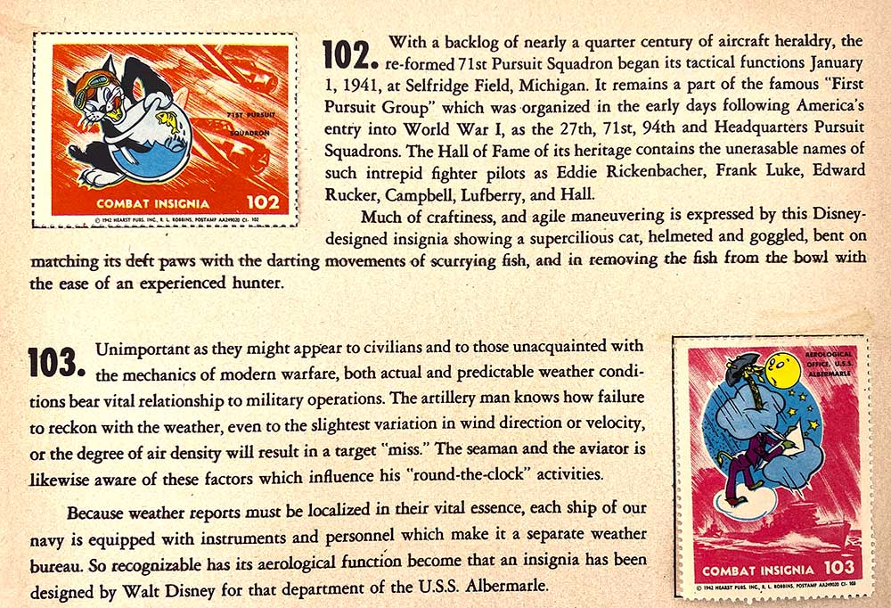 WWII Disney & Lantz etc patch designs in stamp album - WALT DISNEY GOES ...