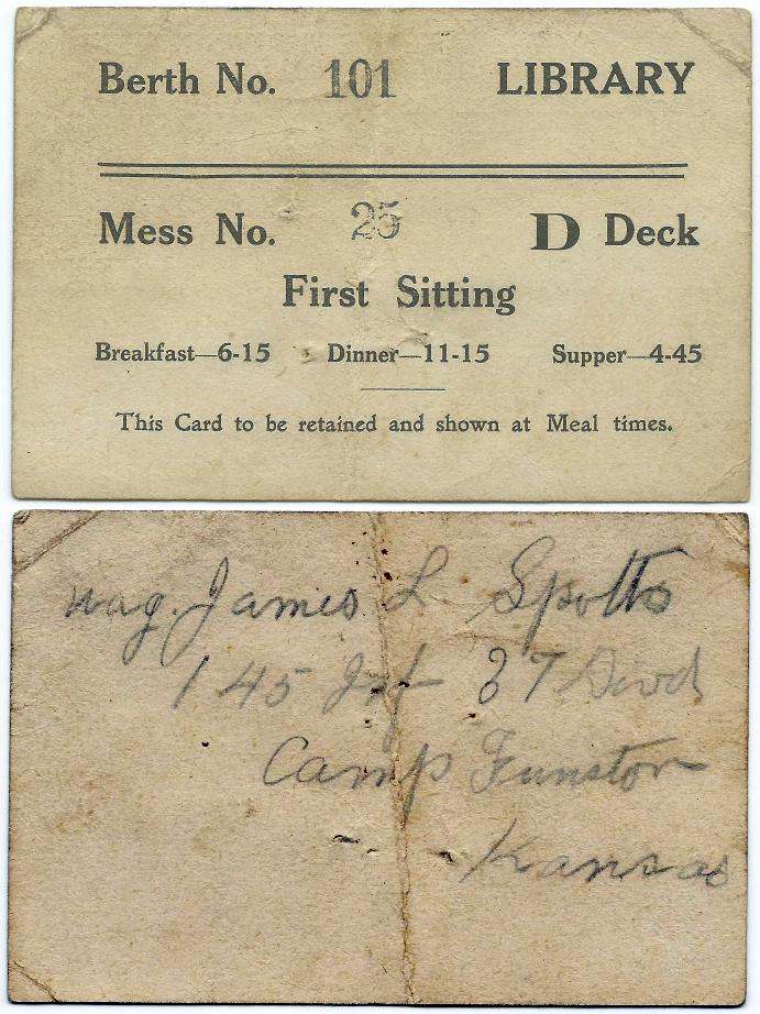 WW1 troop ship mess card - EPHEMERA, PHOTOGRAPHS & MILITARY ARTWORK - U ...
