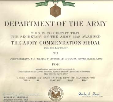 ARCOM for 1SG Bowser assigned to ASA SOC in Vietnam - EPHEMERA ...