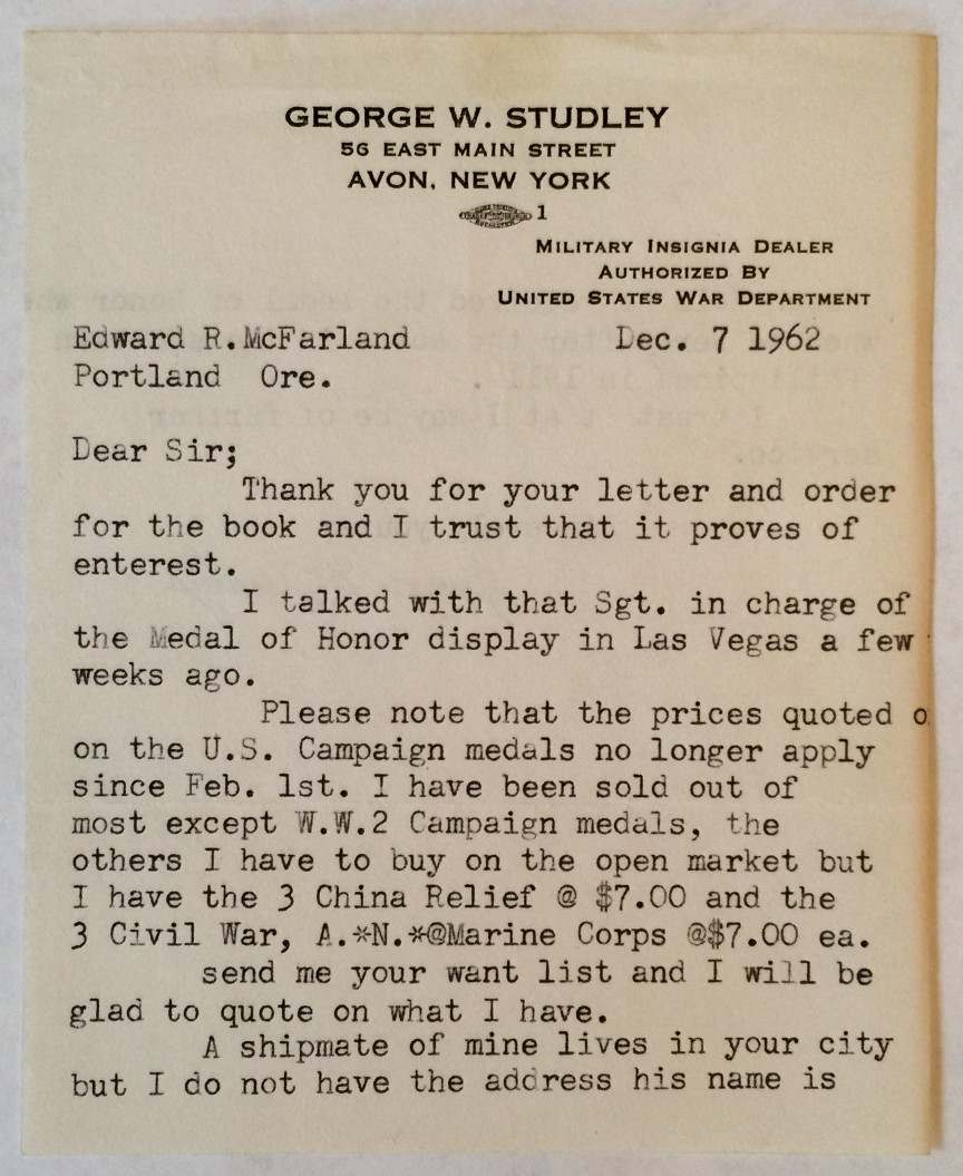 A letter from George W. Studley - MEDALS & DECORATIONS - U.S. Militaria ...