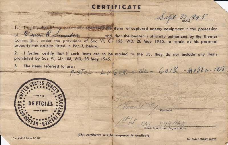 WWII Luger Capture Paperwork - EPHEMERA, PHOTOGRAPHS & MILITARY ARTWORK ...