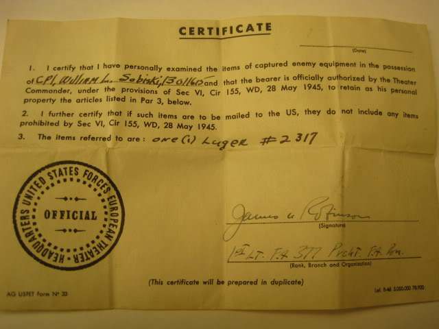 WWII Luger Capture Paperwork - EPHEMERA, PHOTOGRAPHS & MILITARY ARTWORK ...