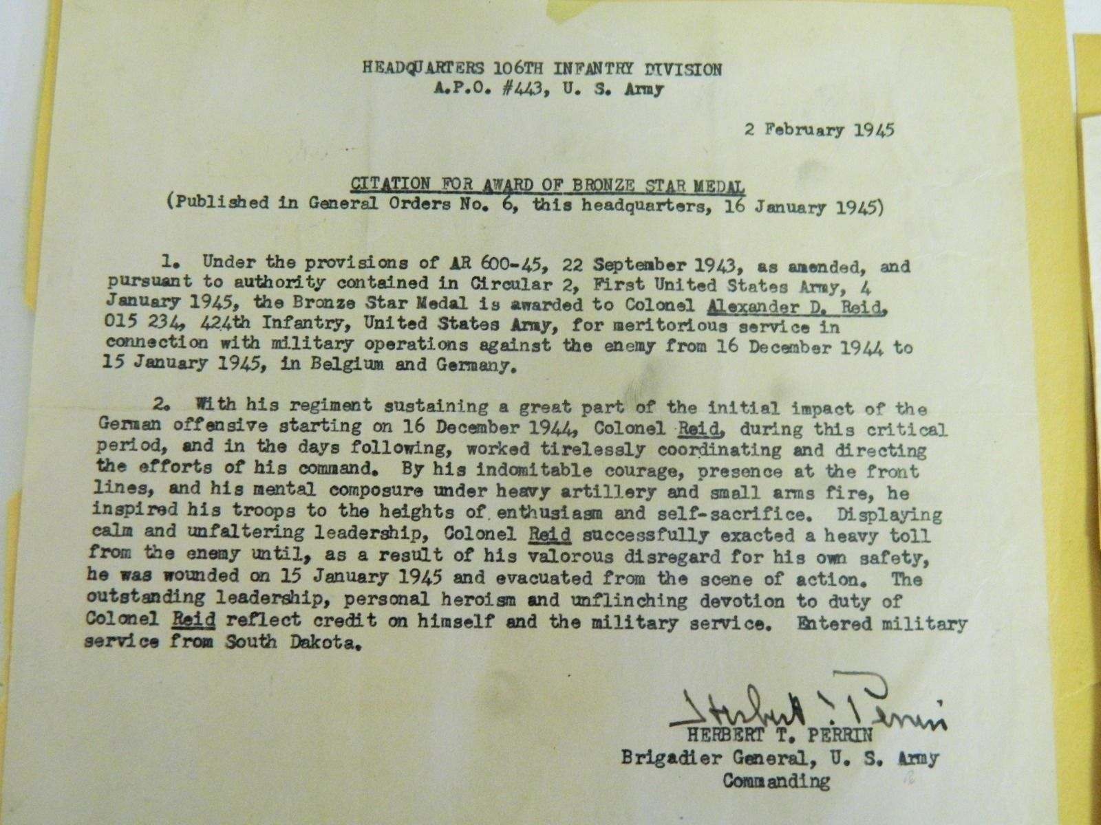 Colonel Alexander D. Reid 424th infantry regiment of the 106th infantry ...