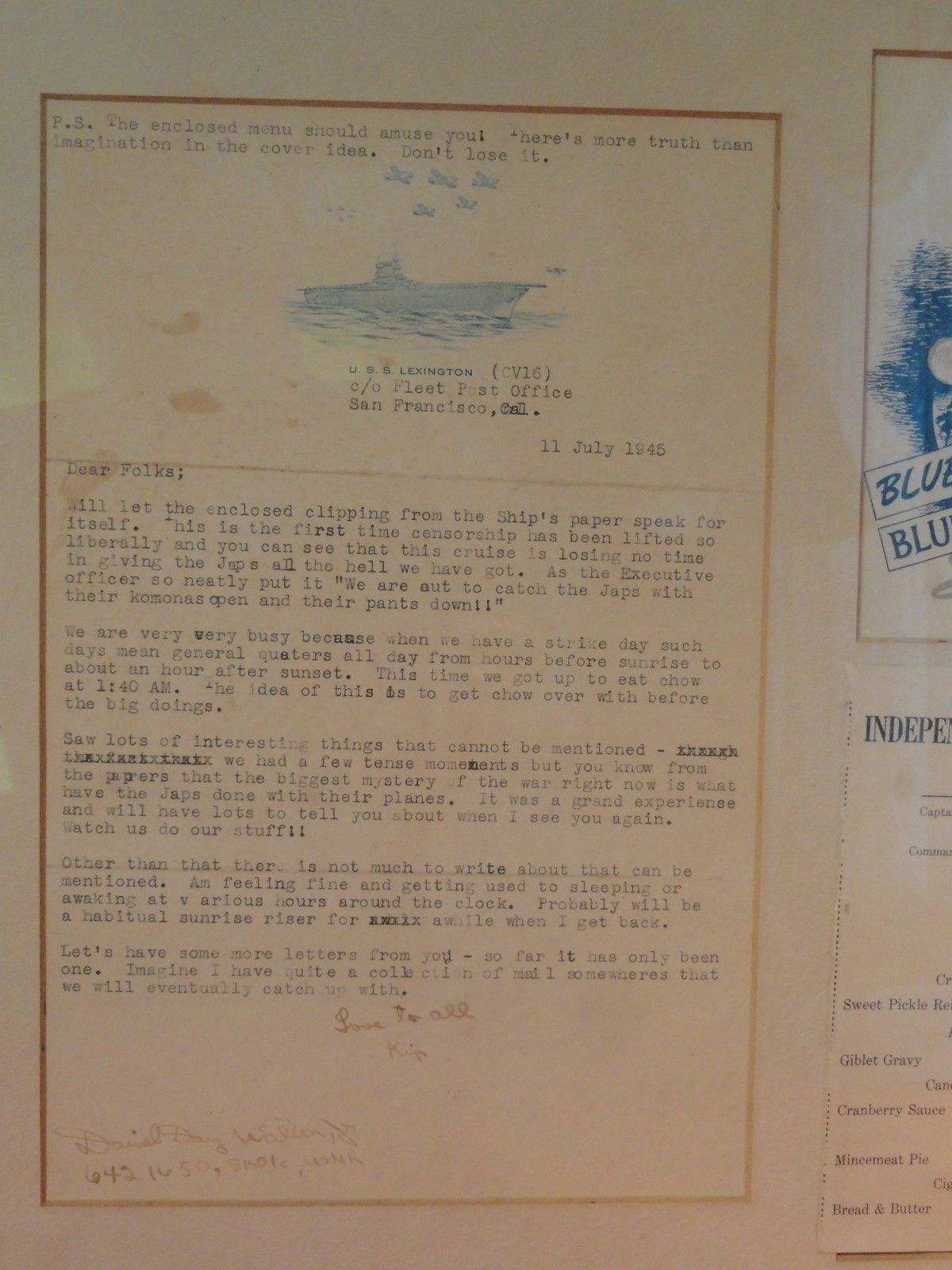 WW2 FRAMED SAILOR'S LETTER HOME FROM USS LEXINGTON (CV-16) - EPHEMERA ...