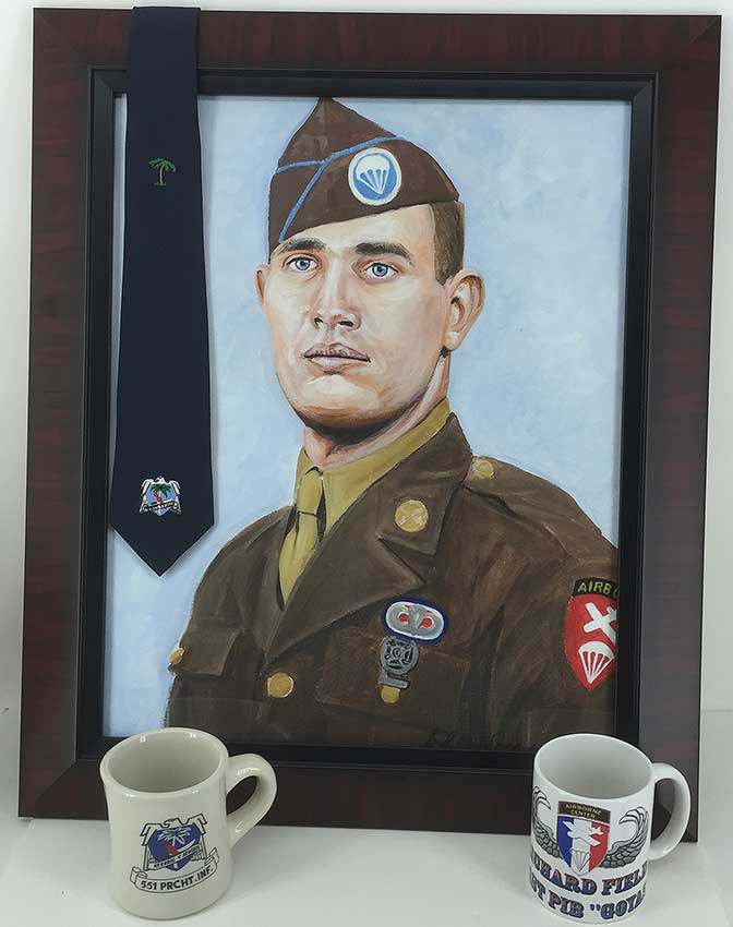 551st PIB veteran color portrait by Sid Eells, reunion cups & tie ...