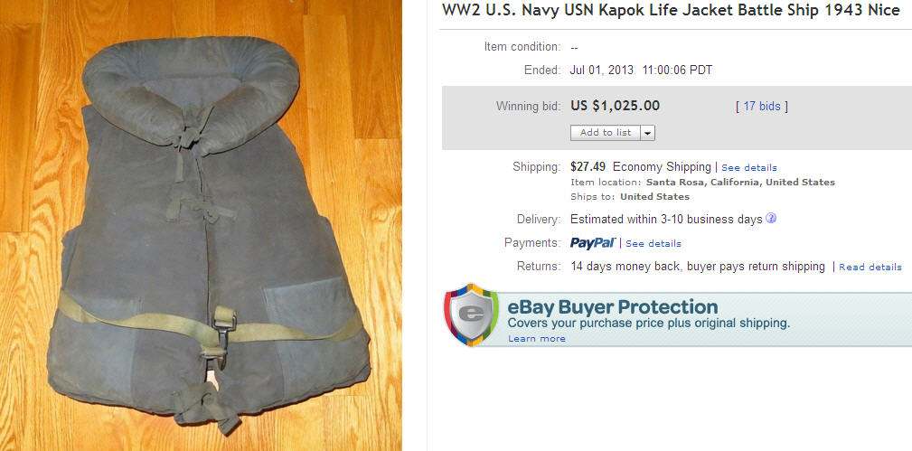 WWII USN Kapok Life Jacket (Bizarro Ebay Auction) - FIELD & PERSONAL ...