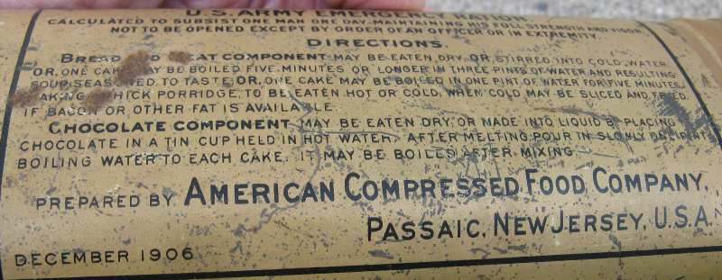 US Army Emergency "Iron" Ration, Dec. 1906 Example - BASE/BIVOUAC/CAMP ...
