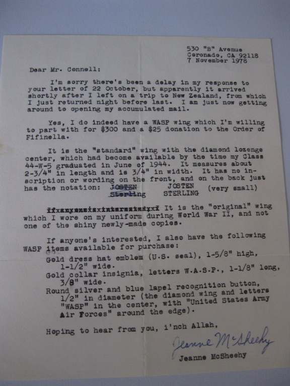 Jeanne McSheehy's 44-W-5 WASP Graduation Wing - ex George Connell ...