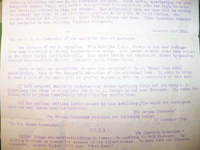 "NUTS LETTER" FOR DISCUSSION - EPHEMERA, PHOTOGRAPHS & MILITARY ARTWORK ...
