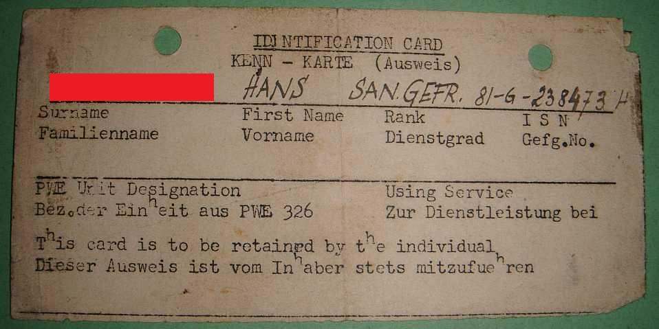 Identification Card to an German Medic POW - PRISONERS OF WAR / P.O.W ...