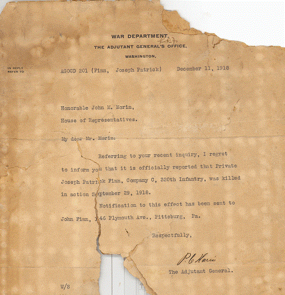 Joseph Patrick Finn, killed in action September 29, 1918 - EPHEMERA ...