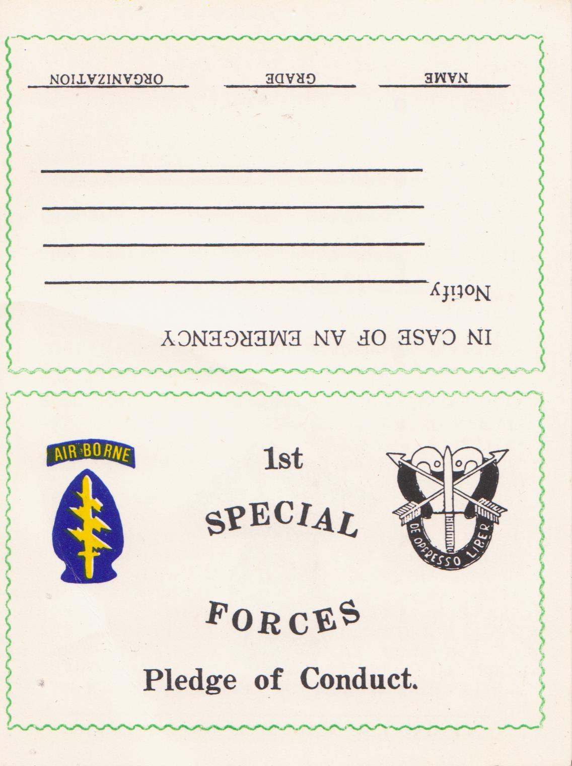 1st Special Forces Pledge Of Conduct Card with JFK Photo - EPHEMERA ...