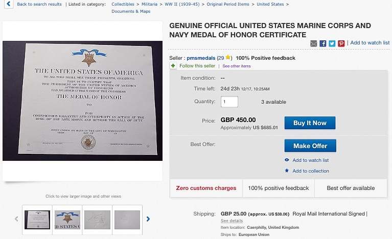 3 USN USMC MOH certificates in GB for sale - MEDALS & DECORATIONS - U.S ...