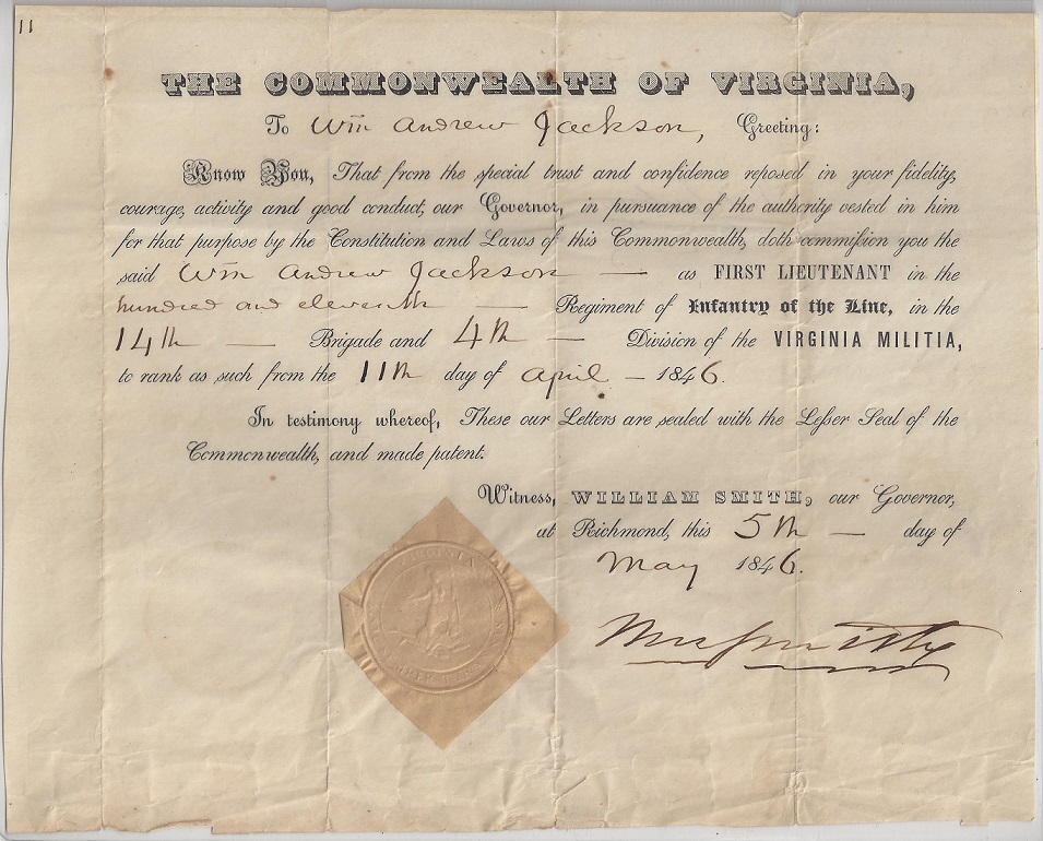 Virginia Militia 1st Lieutenant Commision Paper (1846) - (1861-1865 ...