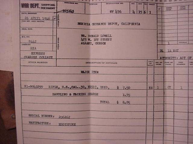 M1917 Eddystone sales receipt from 1946 - FIREARMS - U.S. Militaria Forum