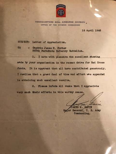 Paper grouping to LtCol James H Porter, 555 PIB, Gen. James Gavin ...