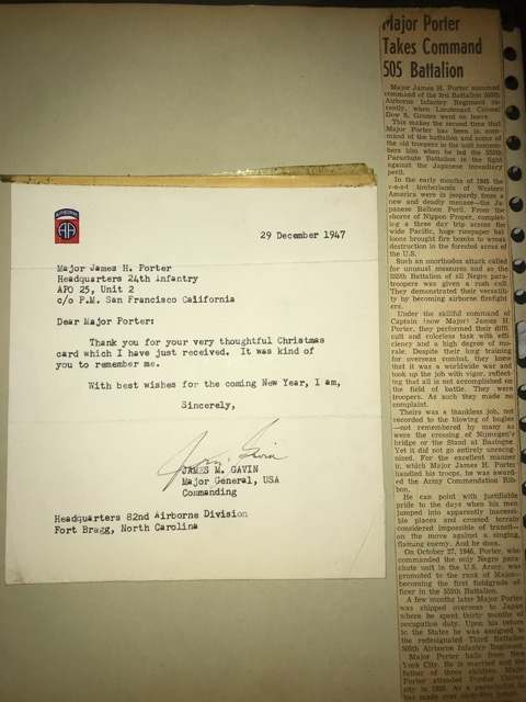 Paper grouping to LtCol James H Porter, 555 PIB, Gen. James Gavin ...