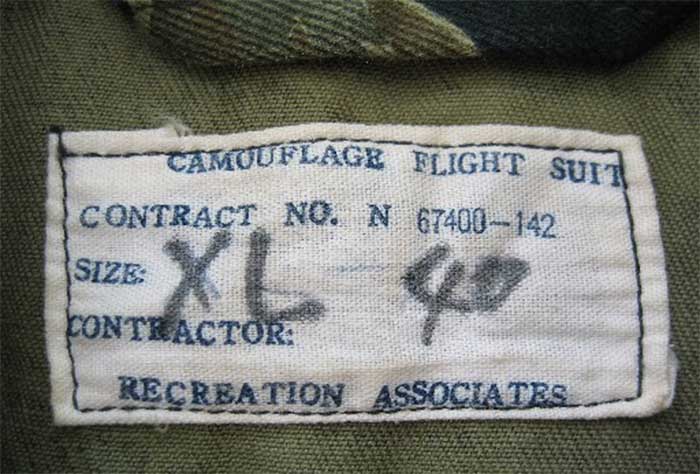 USMC flyers Tiger Stripe Flight Suit cloth label RECREATION ASSOCIATES ...