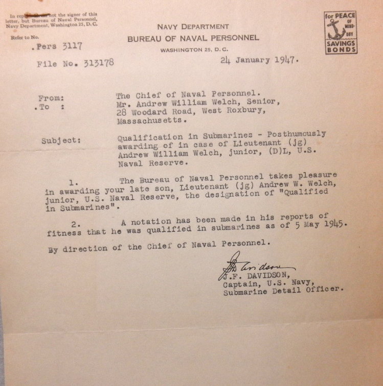 USS Snook, SS-279, Lt(JG) Andrew W. Welch, Jr. KIA Group - MEDALS ...
