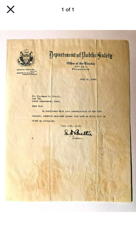 Smedley Butler autograph, 1924 Philadelphia Department of Public Safety ...