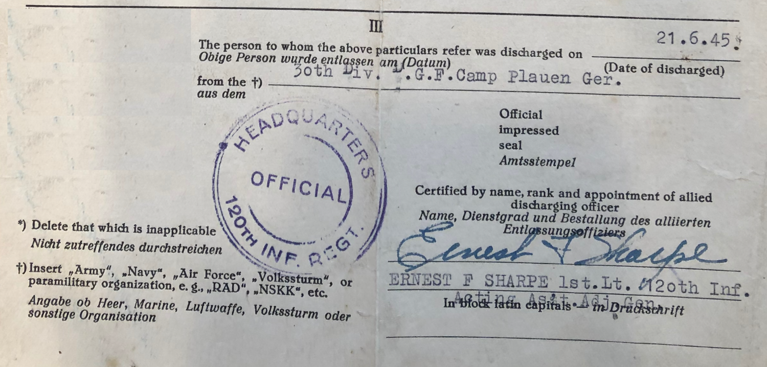 2nd US Infantry Division - Certificate of Discharge for an german ...