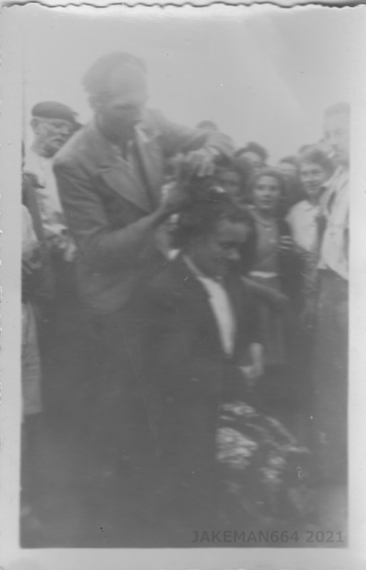 Series of 6 photographs depicting a collaborator woman getting her head ...