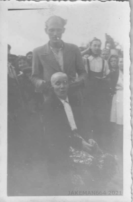 Series of 6 photographs depicting a collaborator woman getting her head ...