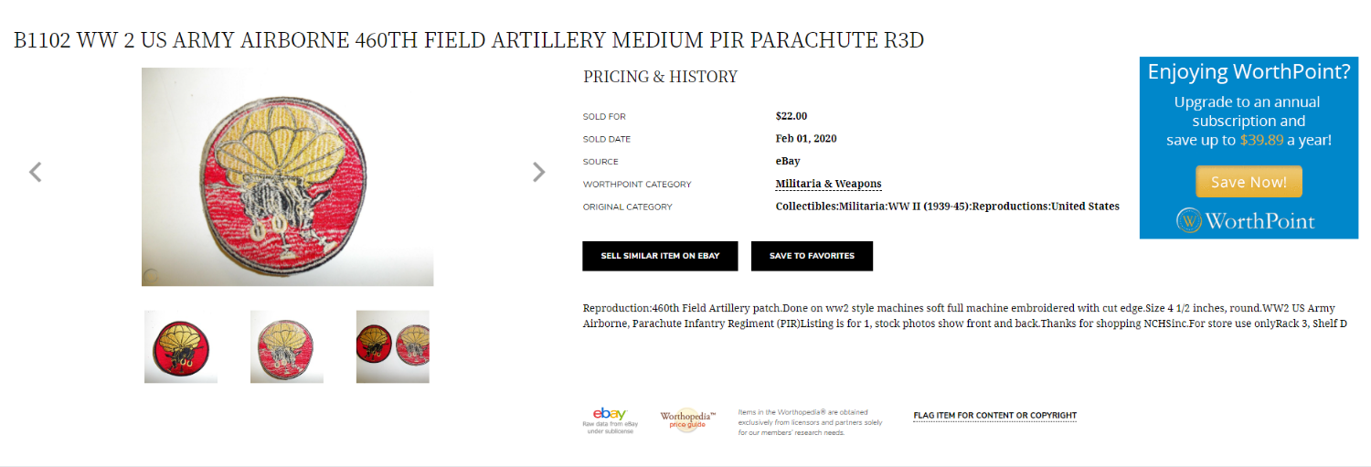 current 460th Parachute FA patch on ebay right now - ARMY AND USAAF - U ...