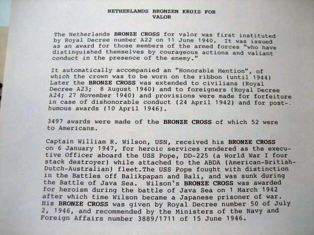 Dutch Bronze Cross Awarded To Officer on USS POPE - POW - MEDALS ...