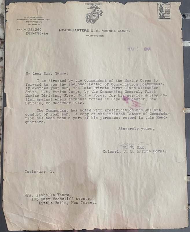 Three WWII USMC Paper Documents (KIA Marine on Cape Gloucester ...