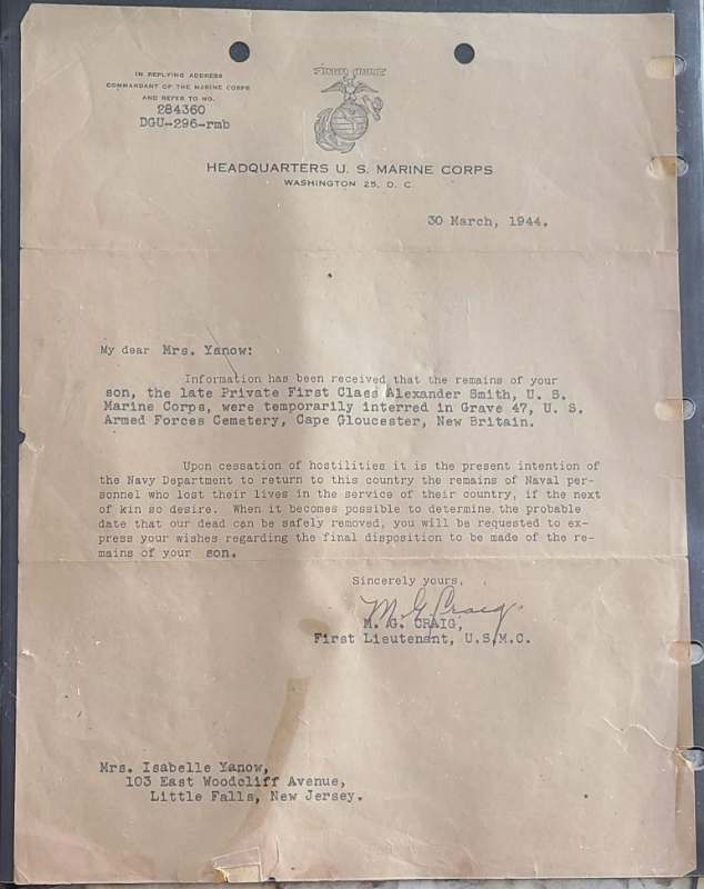 Three WWII USMC Paper Documents (KIA Marine on Cape Gloucester ...