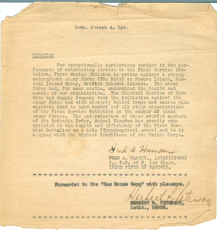 MARINE CORPS CITATION FOR THE "BATTLE" OF PAVUVU - EPHEMERA ...