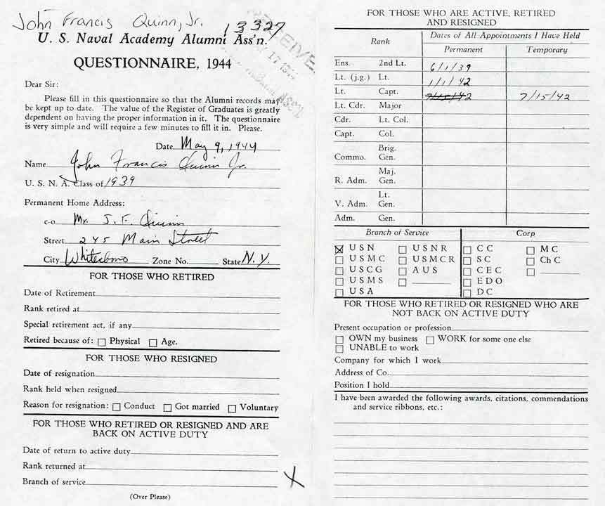 Captain John Francis Quinn Jr. Scout Plane Pilot, U.S.S. San Francisco ...