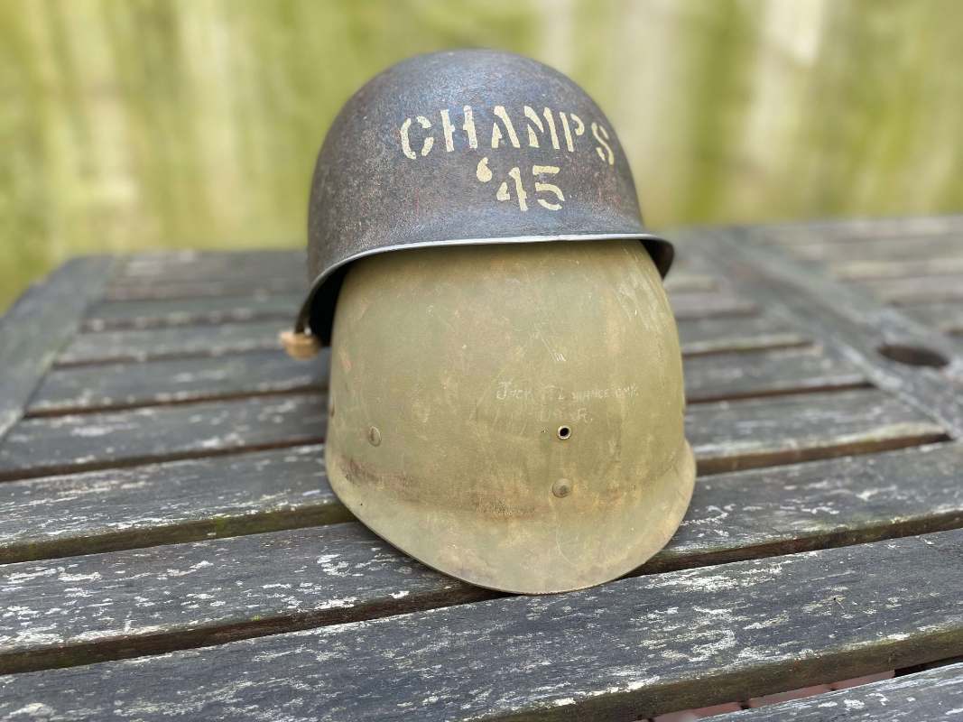 WWII EARLY M1 HELMET - "CHAMPS 45" w 48th CB / SEABEE NAMED INLAND ...