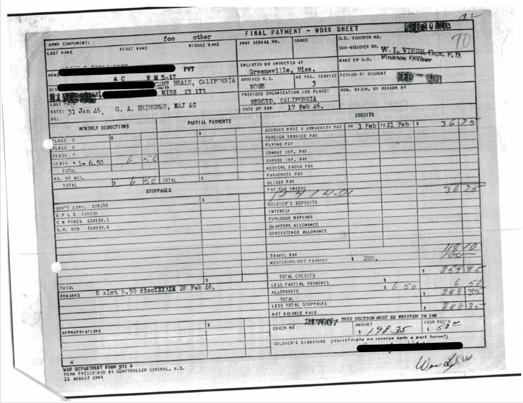 Help deciphering a Final Pay Worksheet from 1946 - MILITARY HISTORY ...